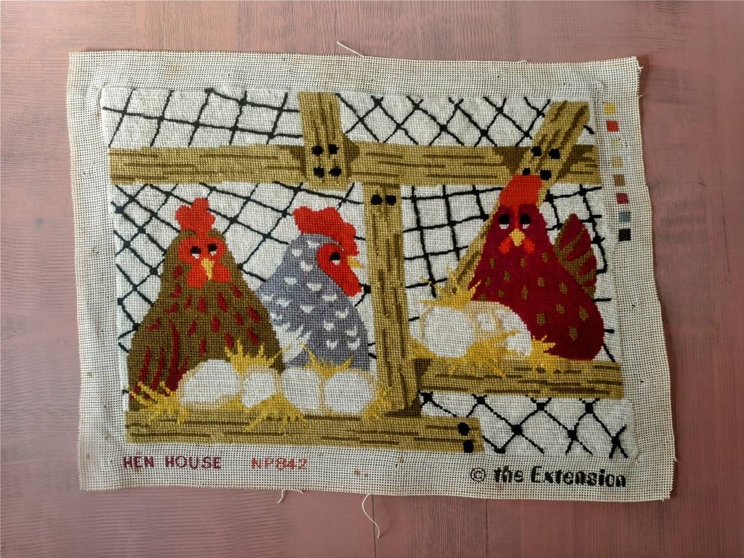 Wool Needlepoint HEN HOUSE Vintage Tapestry Farm Farmhouse Chair Pillow ...