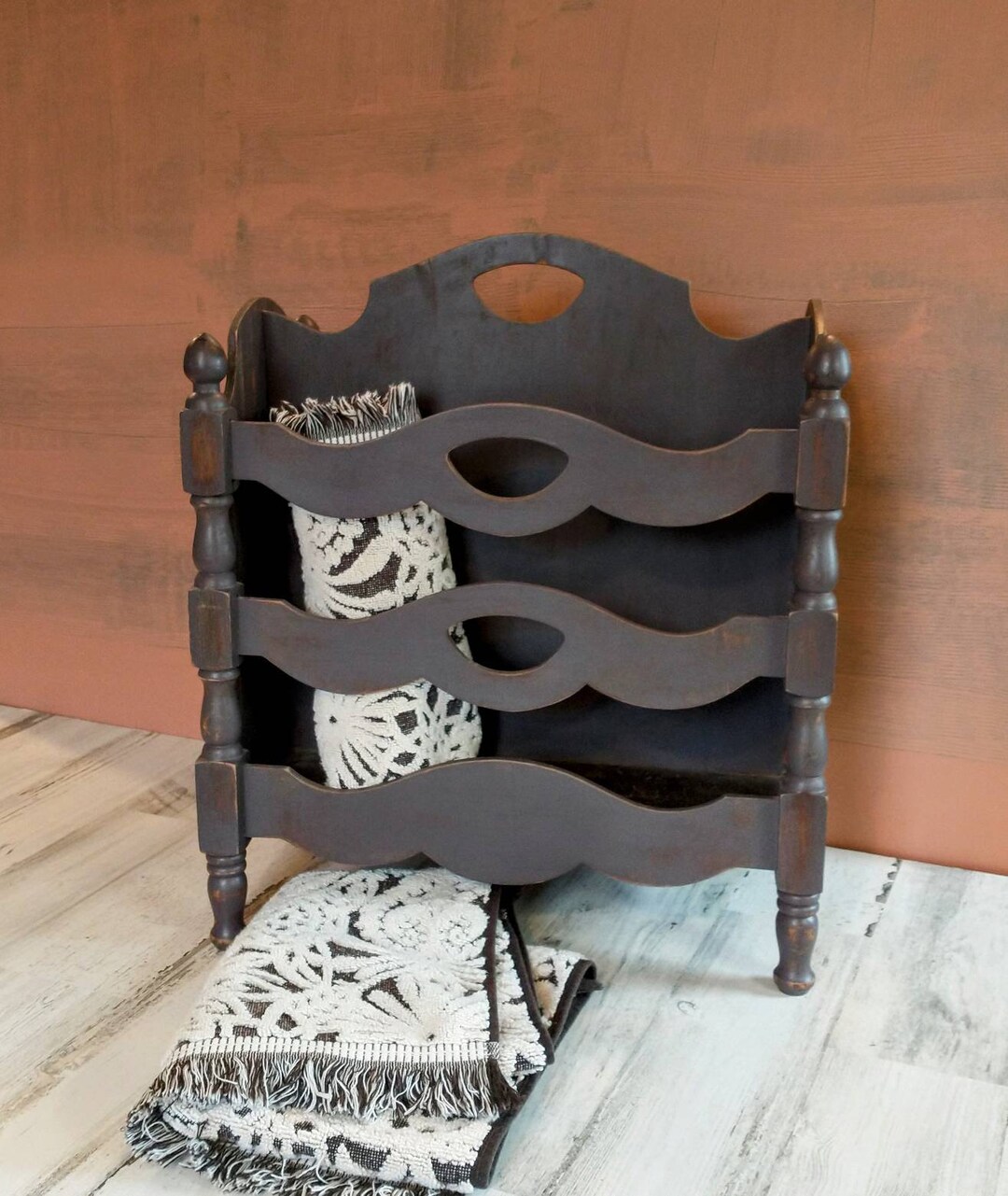Vintage Large Magazine Rack Painted & Distressed Solid Wood Shabby ...