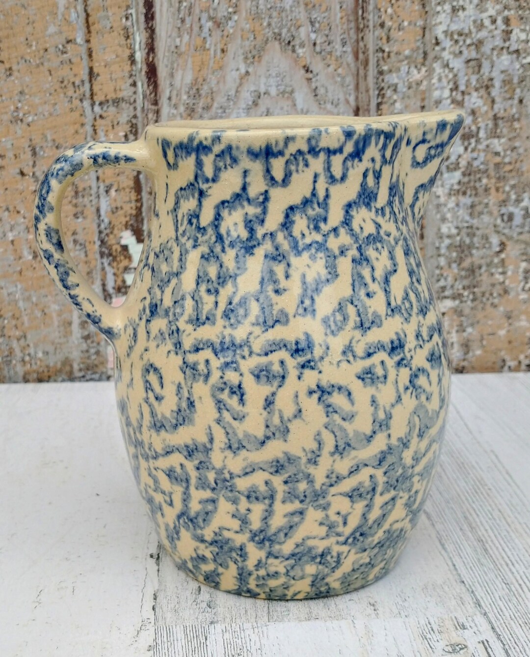 Vintage Robinson Ransbottom Pitcher Blue & Tan Spongeware Excellent 6 ...