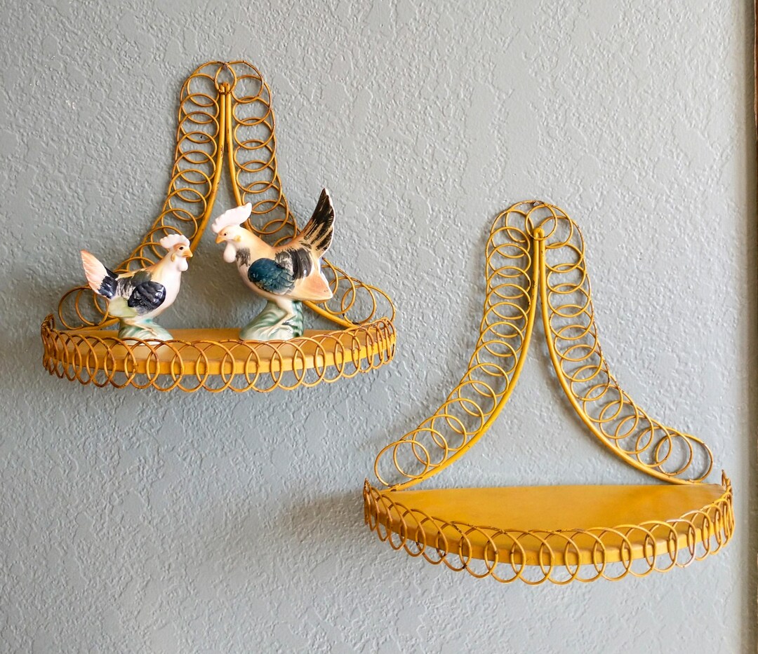 Mid Century Metal Wire Wall Shelf Decor SET of TWO 2 Mustard Colored ...