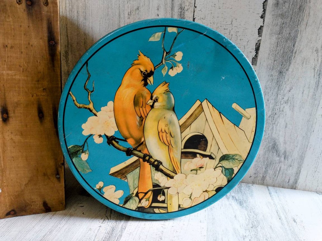 Large Vintage Tin Bird Graphic Birdhouse Metal Storage Container (C1 ...