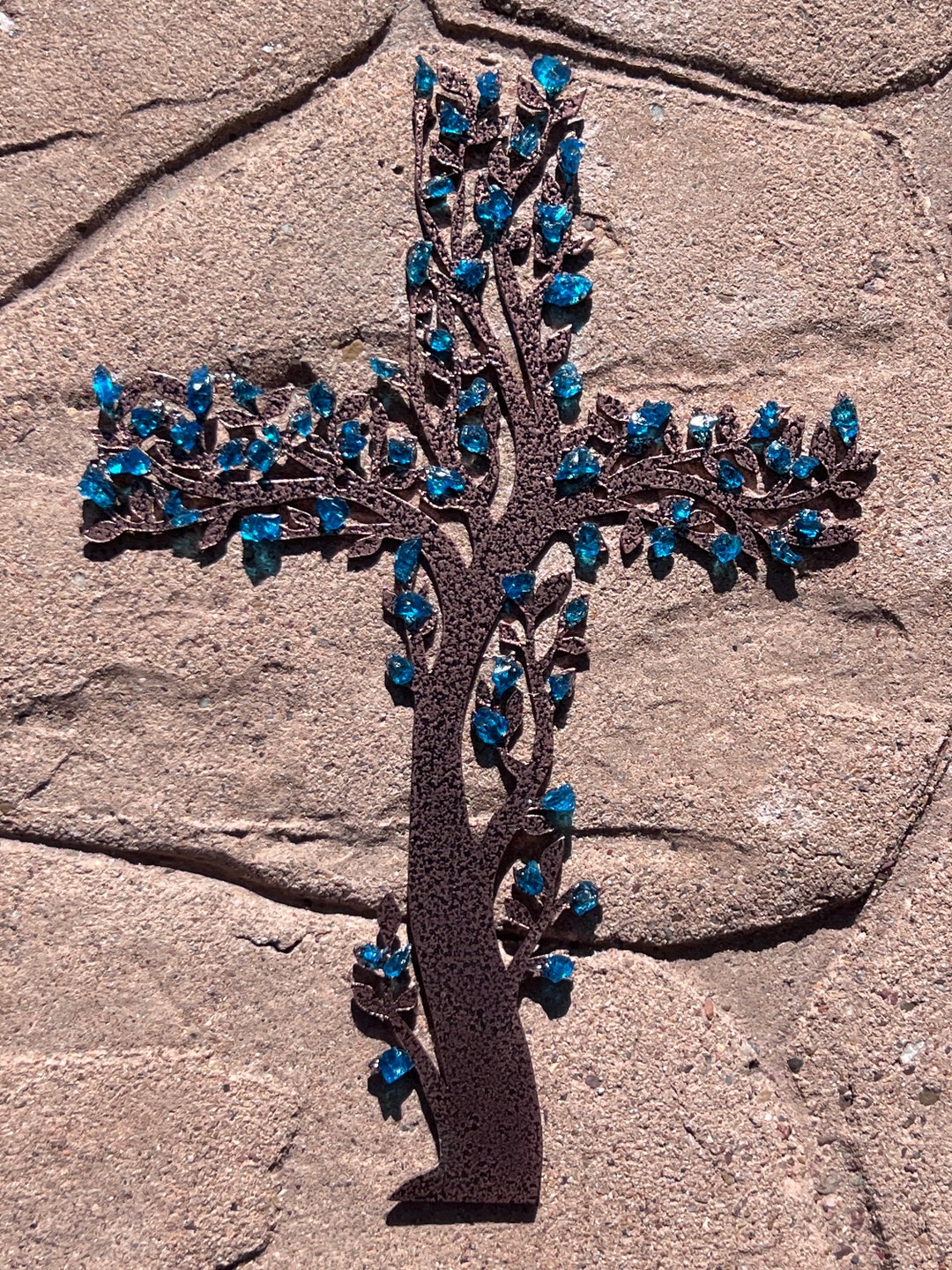 Copper Tree of Life Cross Wall Art Adorned With Turquoise Glass Pieces ...