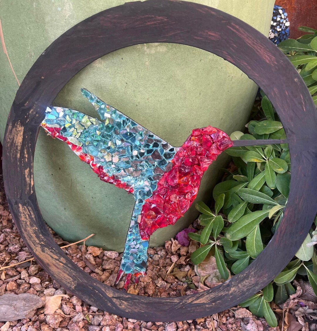 Beautiful Hummingbird Wall Decor Made With Crushed Red Glass and Blue ...