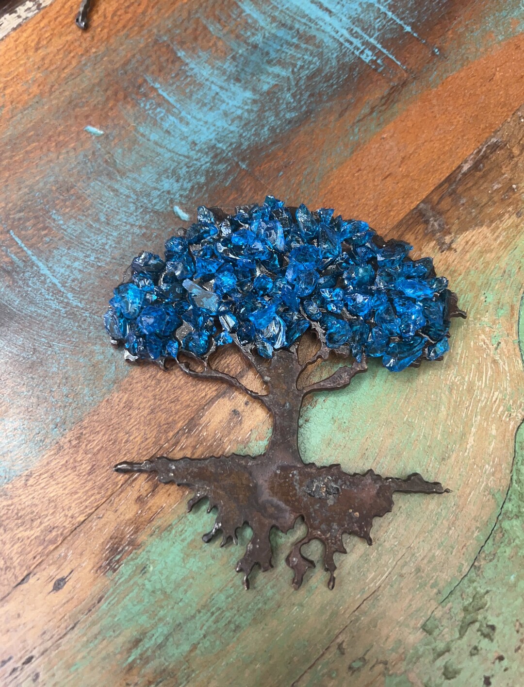 4” Tree of Life Eblished With Crushed Blue Glass, Tree of Life, Tree ...