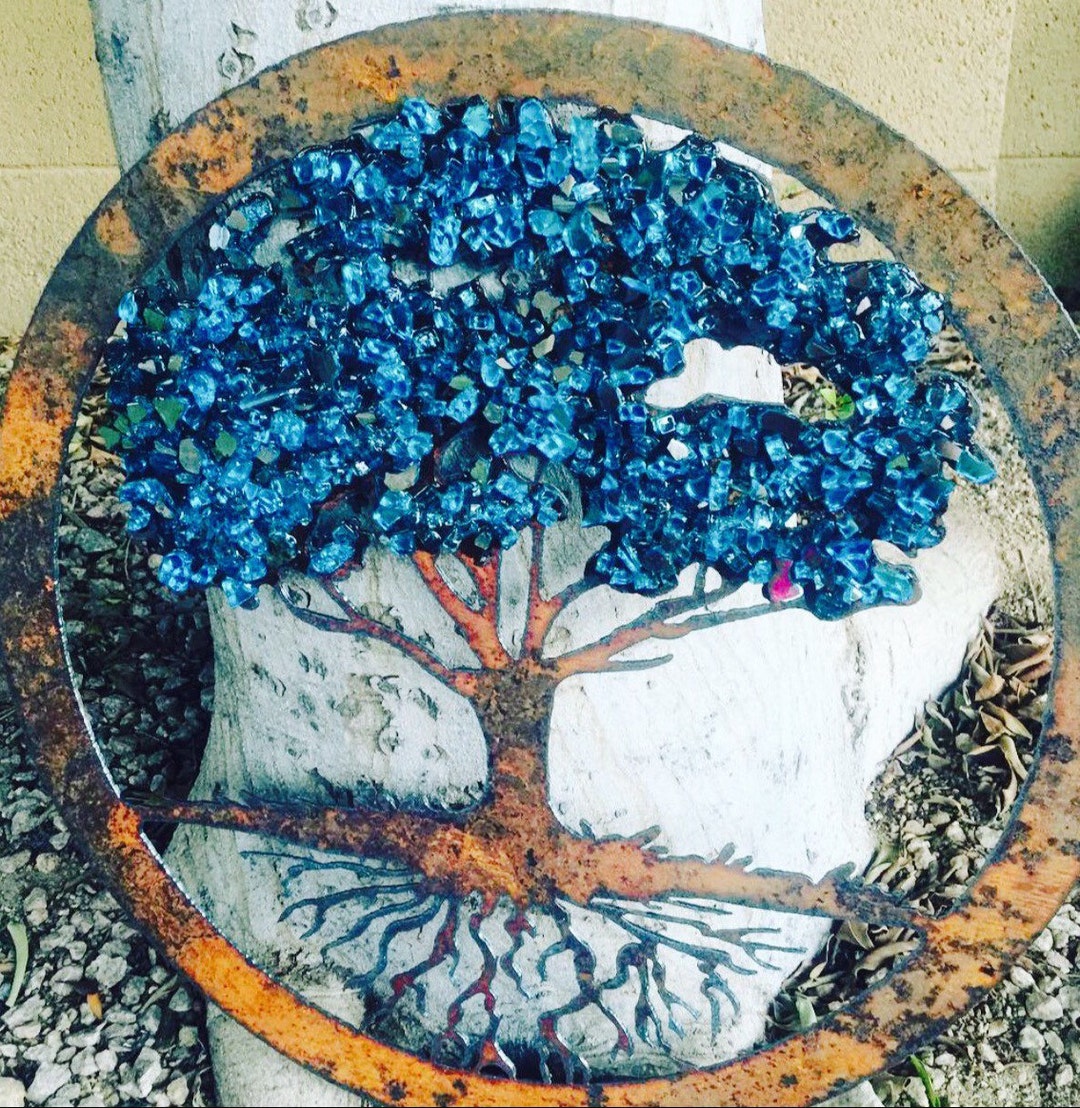Tree of Life With Turquoise Fire Pit Glass in Recycled Rusted Metal 20 ...