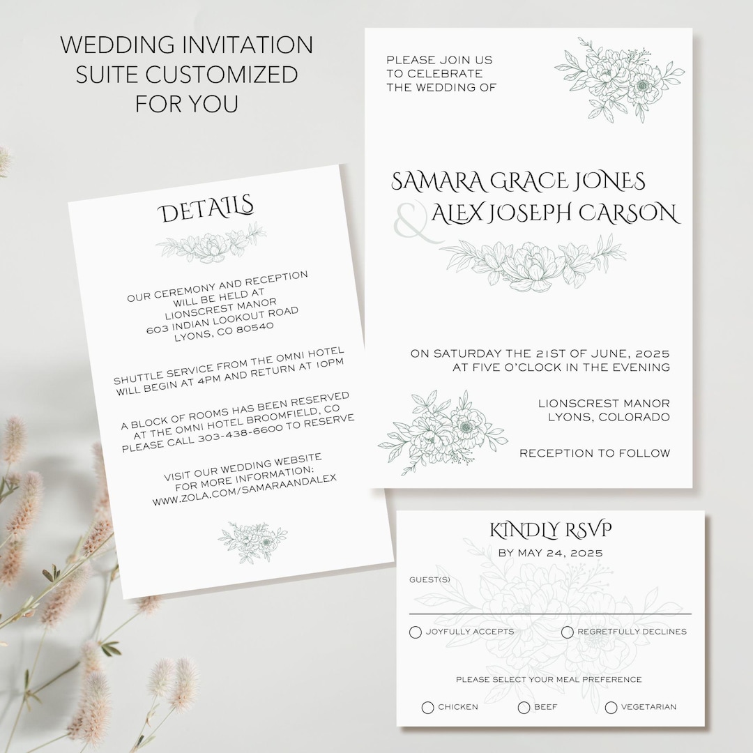 Custom Floral Wedding Invitation Suite: Modern Botanical Design ...