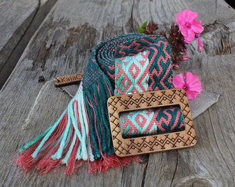 Handmade Woven Belt With Ornamental Pattern and Wooden Buckle - Etsy