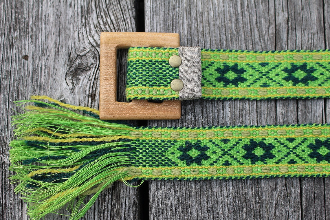Handmade Woven Belt With Ornamental Pattern and Wooden Buckle - Etsy