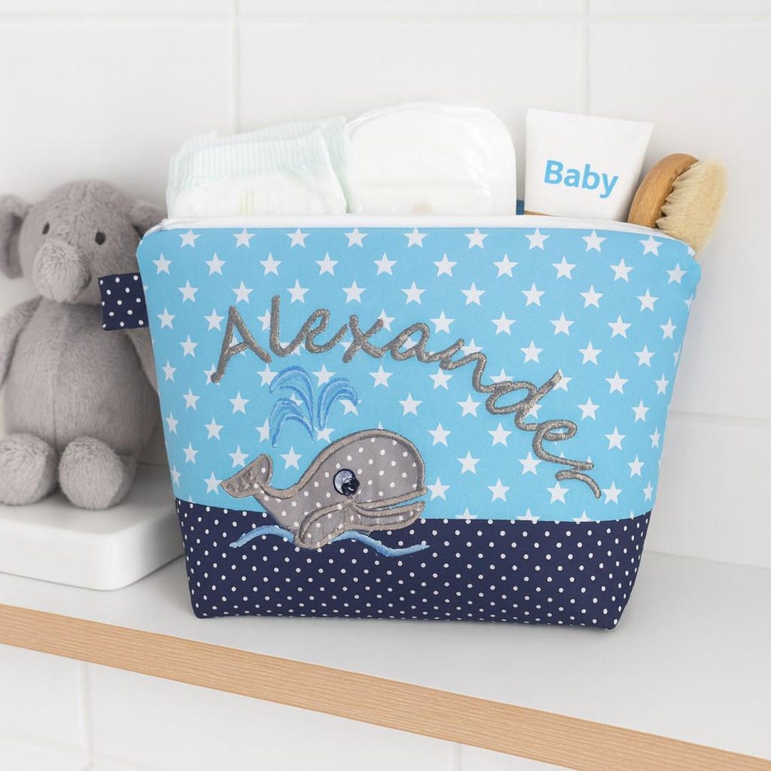 Embroidered WAL Bag + Name, Light Blue - Navy, Diaper Bag, Toiletry Bag ...