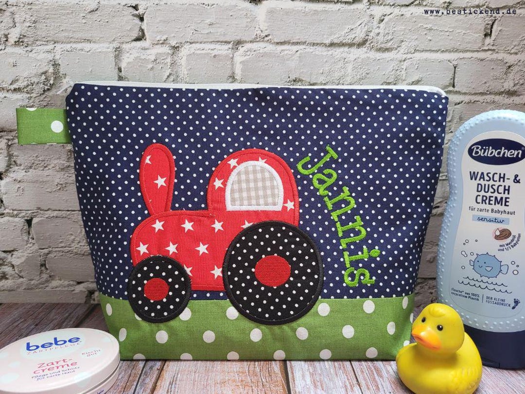 Embroidered Bag TRAKTOR + Name /marine - Green/ Changing Bag Toiletry ...
