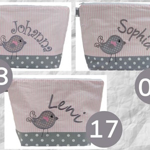 Embroidered Bag BIRDS + Name /pink - Grey/ Changing Bag Toiletry Bag ...