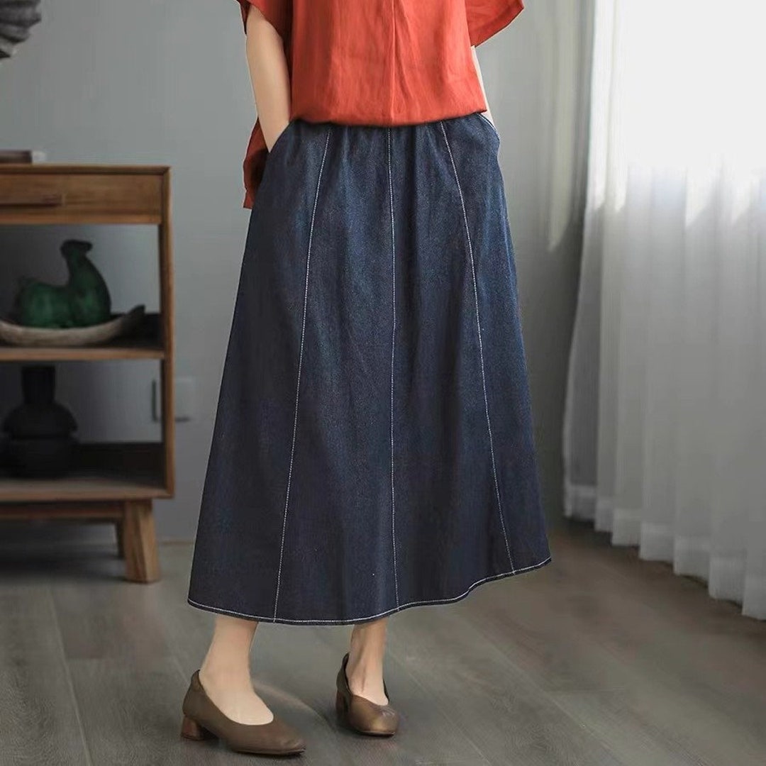 Vintage Cotton Washed Denim Skirts, Mid Length A Line Skirts, Summer ...