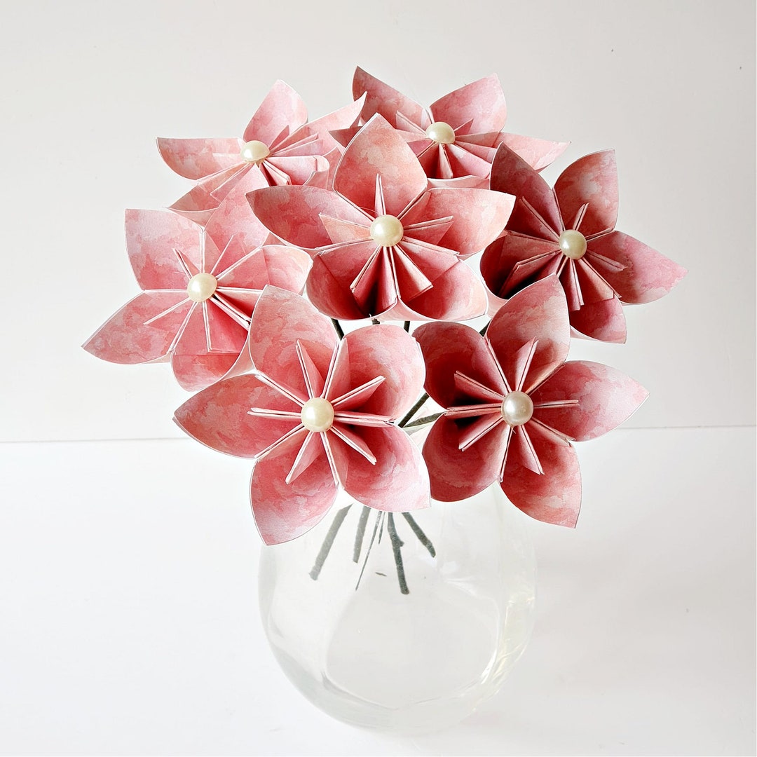 Handmade Pink Origami Paper Flowers Gift Bouquet, 1st Anniversary Gift ...