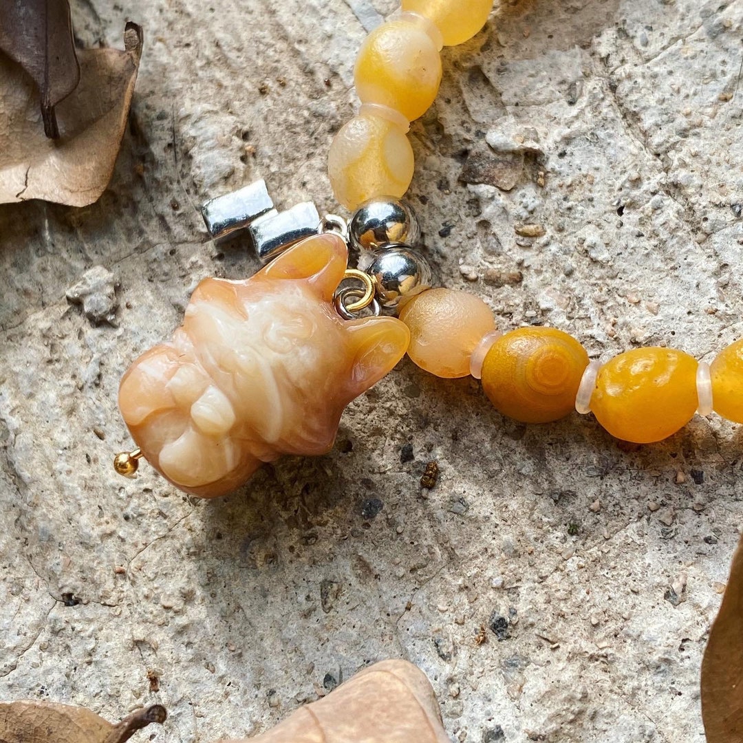 Carved Japan Temple Yokai Fox Gobi Jade With Yellow Dots Gobi Agate ...