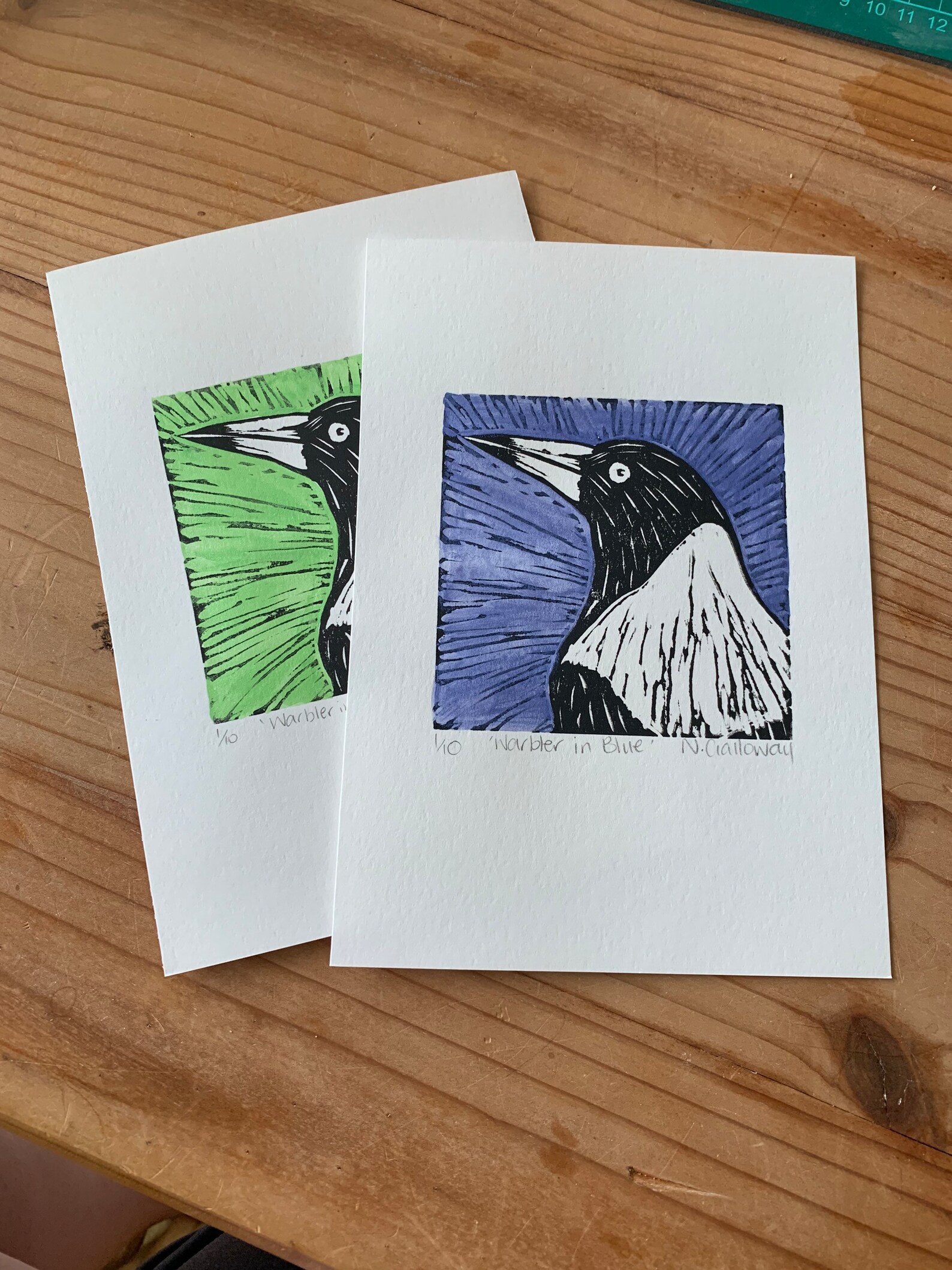 Magpie Linocut Print || Limited Edition Hand Painted Edition || Green ...
