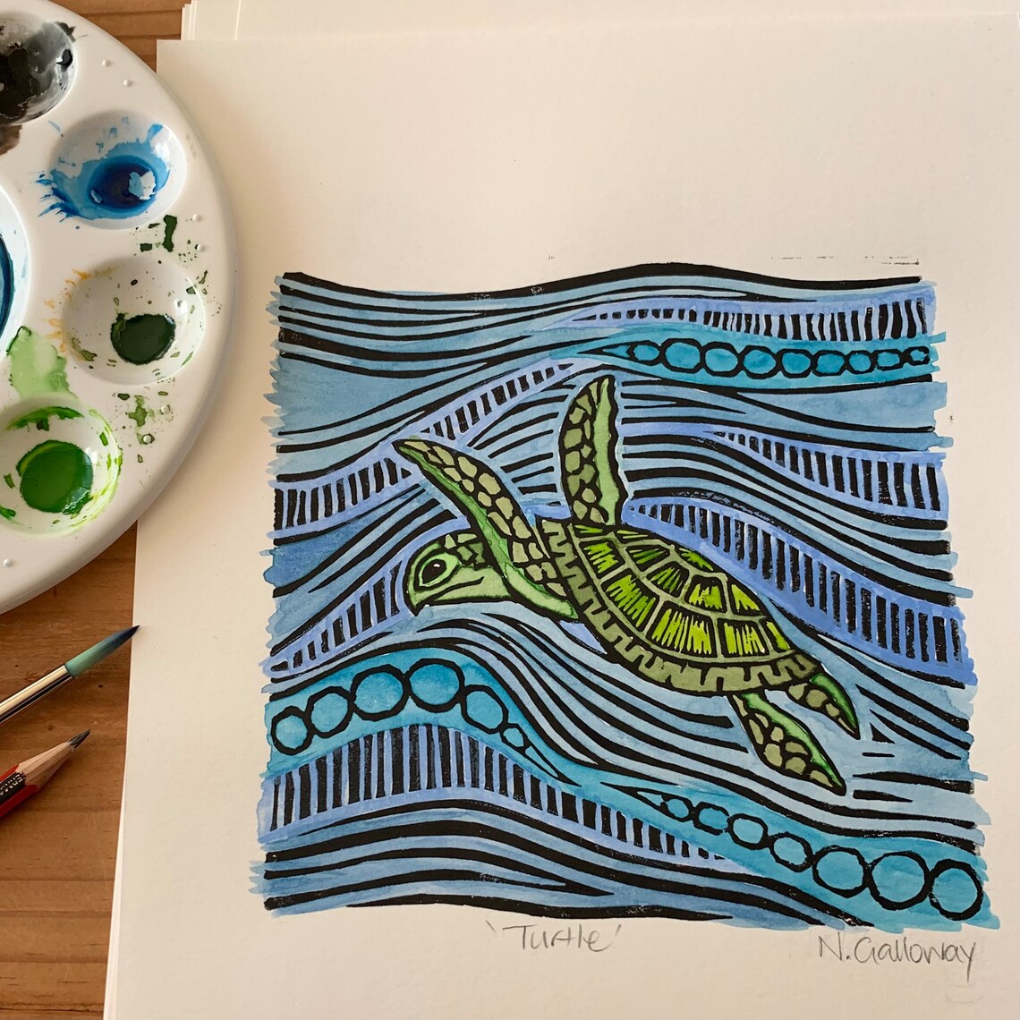 Turtle Linocut Print || Limited Edition Hand Painted Edition || Open ...
