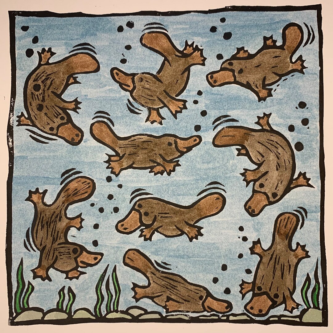 A Paddle of Platypus Linocut Print || Limited Edition Hand Painted ...
