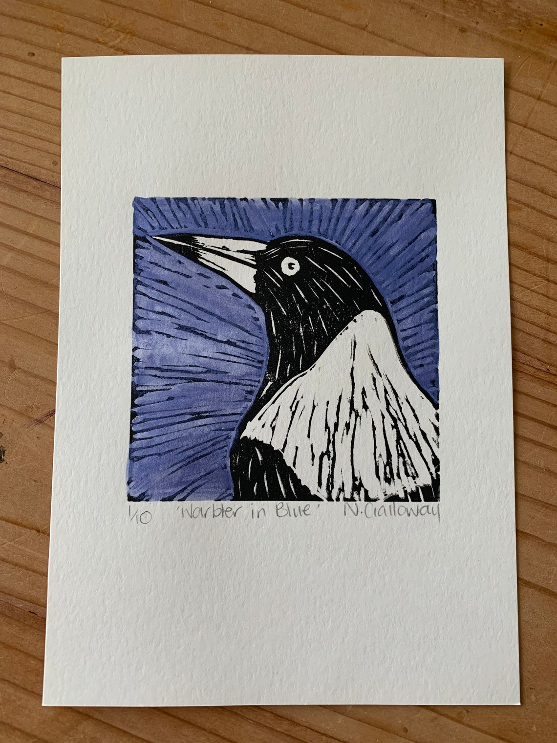 Magpie Linocut Print Limited Edition Hand Painted Edition Green or Blue ...