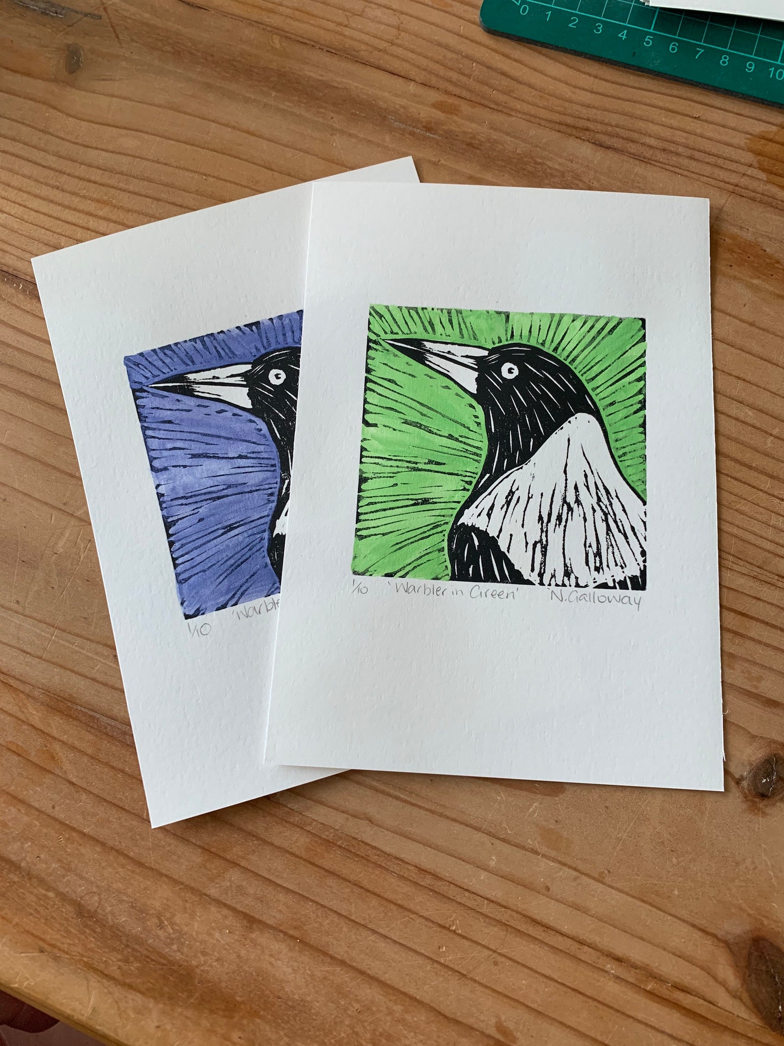 Magpie Linocut Print || Limited Edition Hand Painted Edition || Green ...