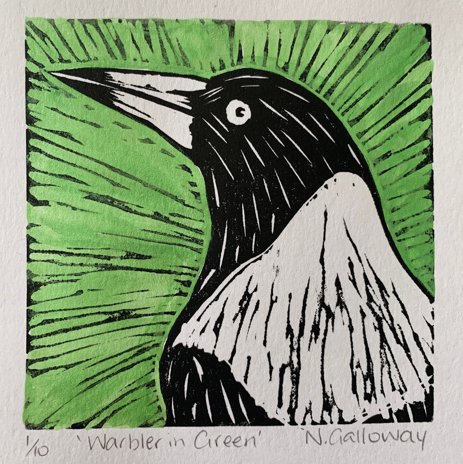 Magpie Linocut Print || Limited Edition Hand Painted Edition || Green ...