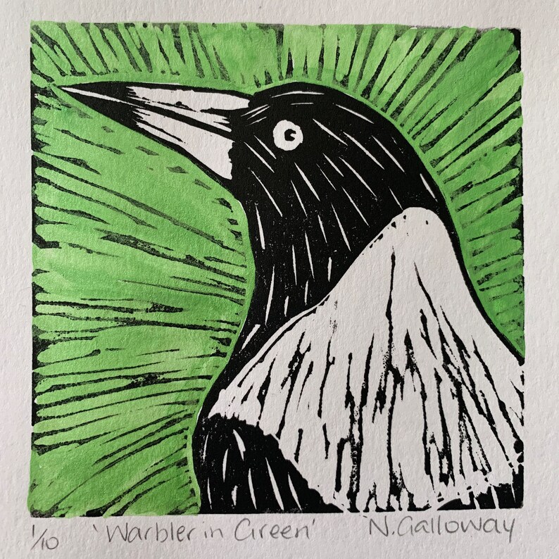 Magpie Linocut Print || Limited Edition Hand Painted Edition || Green ...