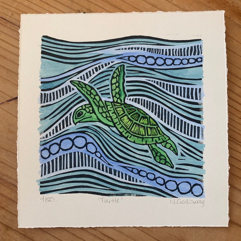 Turtle Linocut Print || Limited Edition Hand Painted Edition || Open ...