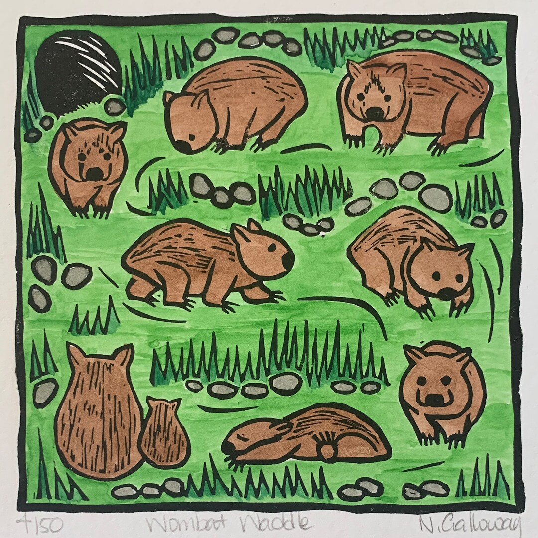 Wombat Waddle Linocut Print || Limited Edition Hand Painted Edition ...