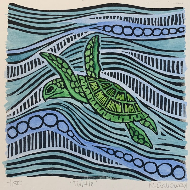Turtle Linocut Print || Limited Edition Hand Painted Edition || Open ...