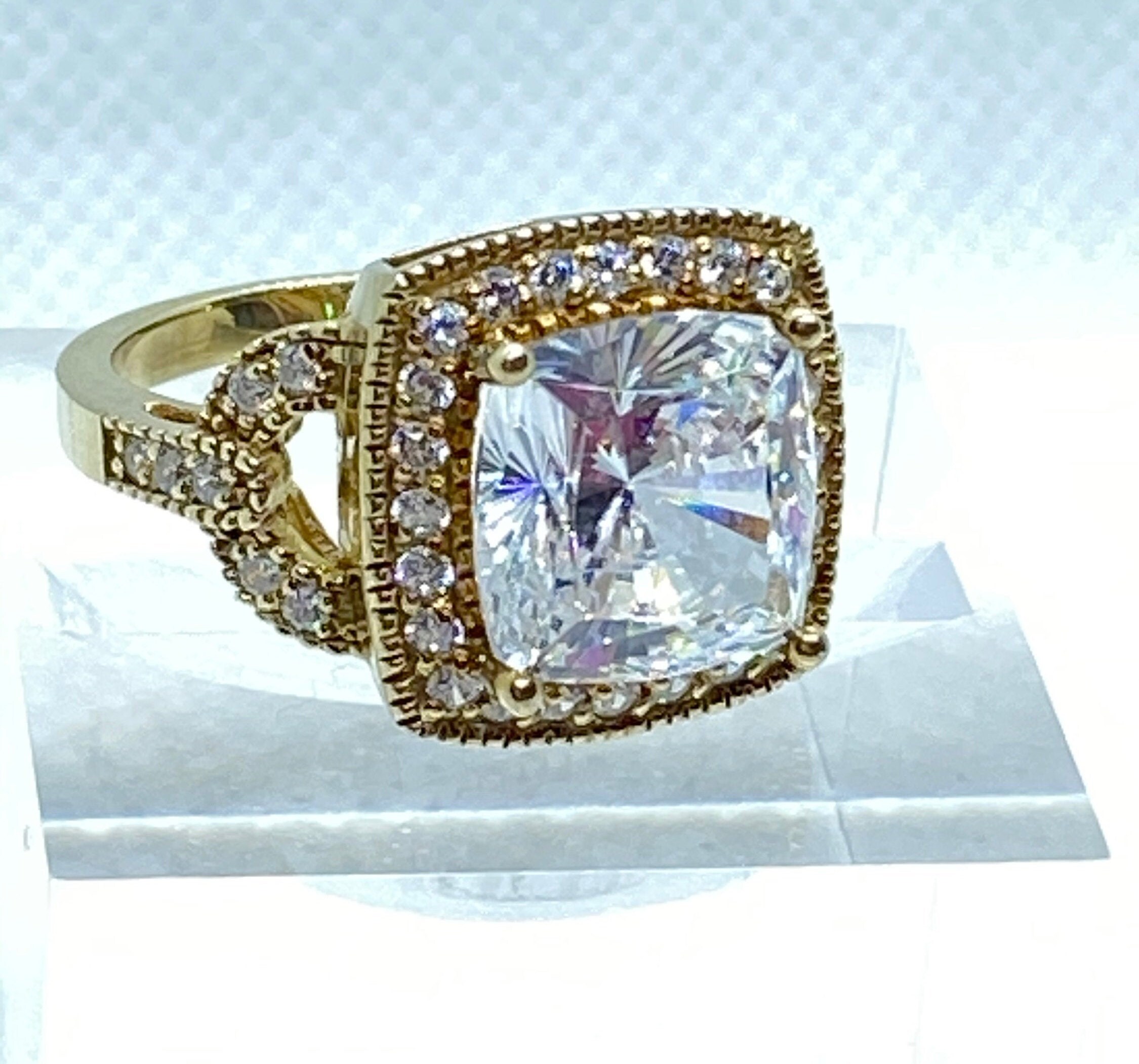 4 Carat Cushion Cut Cubic Zirconia Halo Engagement Ring In Ygp Etsy