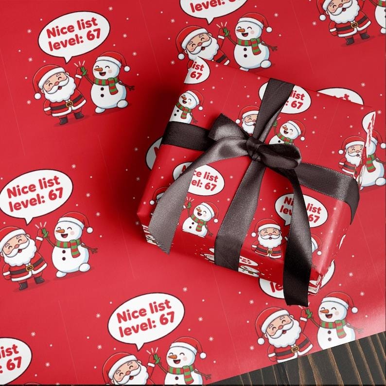 Nice List Level 67 Wrapping Paper, Funny Santa Snowman Christmas Gift ...