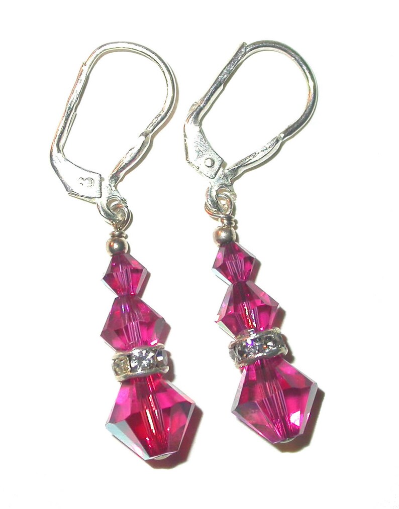 Pink FUCHSIA Crystal Earrings Sterling Silver Dangle Swarovski - Etsy