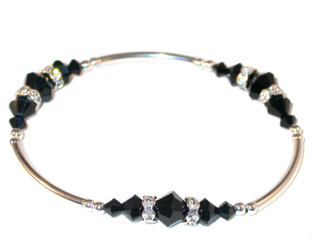 JET BLACK Crystal Bracelet Stretch Sterling Silver Handcrafted - Etsy