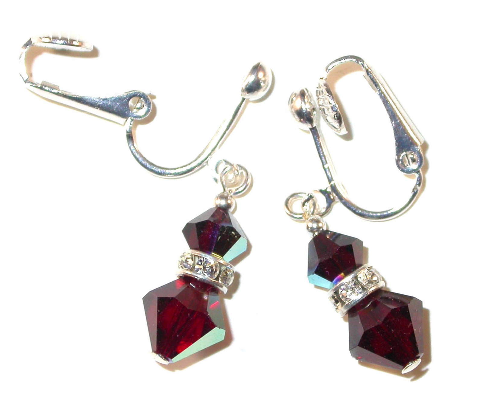 GARNET RED Crystal Earrings Sterling Silver Dangle - Clip-on or Pierced ...