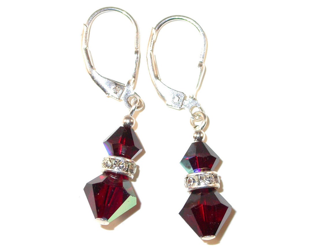GARNET RED Crystal Earrings Sterling Silver Dangle - Clip-on or Pierced ...