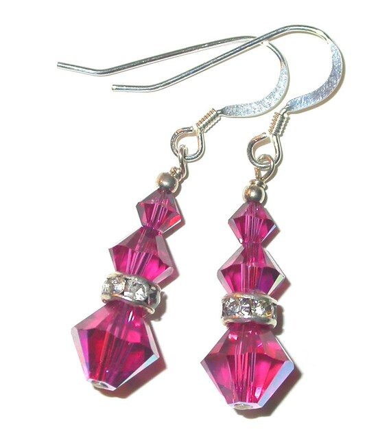 Pink FUCHSIA Crystal Earrings Sterling Silver Dangle Swarovski | Etsy