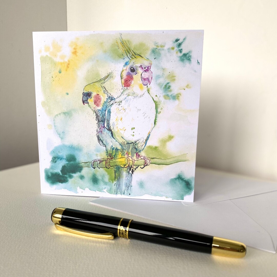 Cockatiels Art Greetings Card - From an Original Ink & Watercolour ...