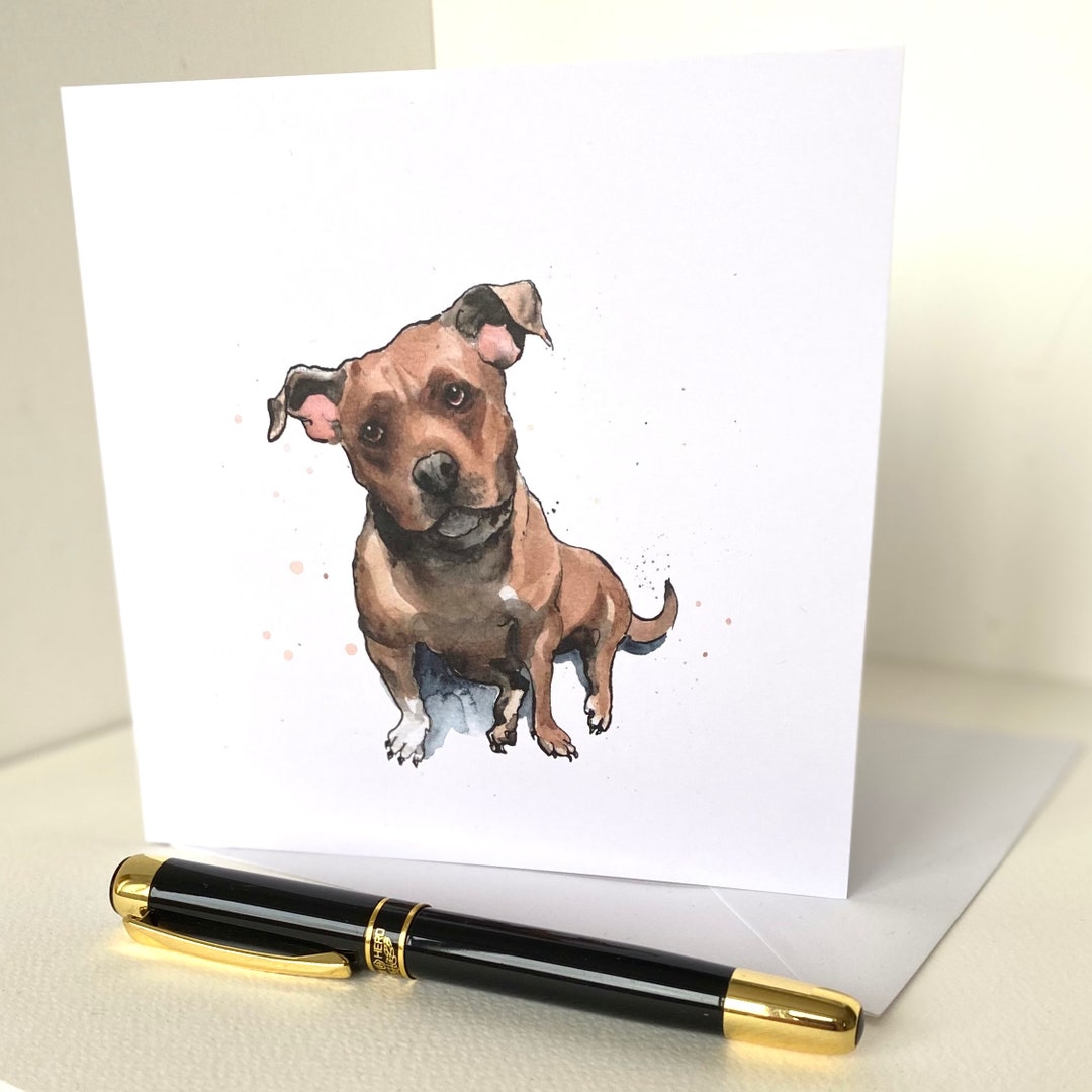 Red Staffy Greetings Card From an Ink and Watercolour Painting of a ...