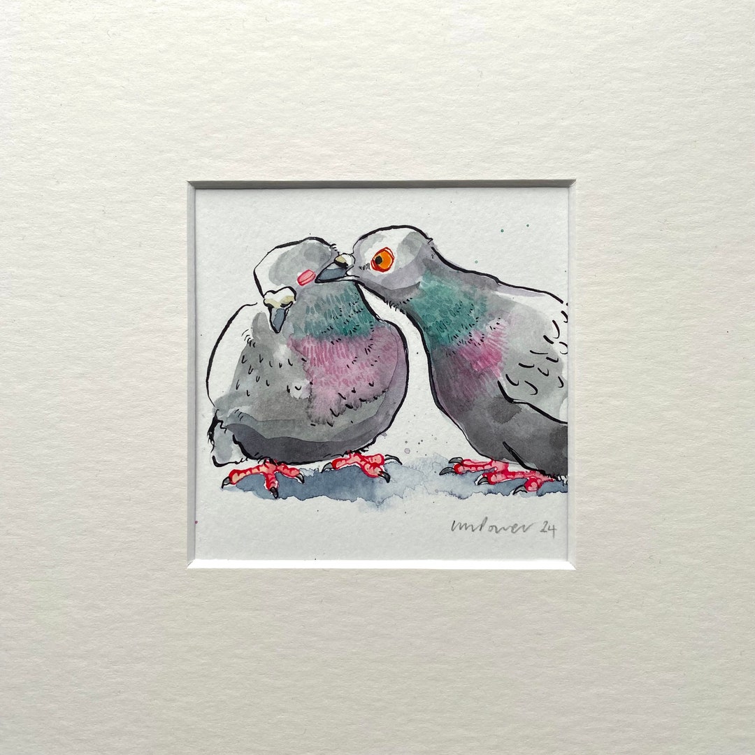 Goofy Pigeon smooching Watercolour Painting Original Pen & Ink Drawing ...