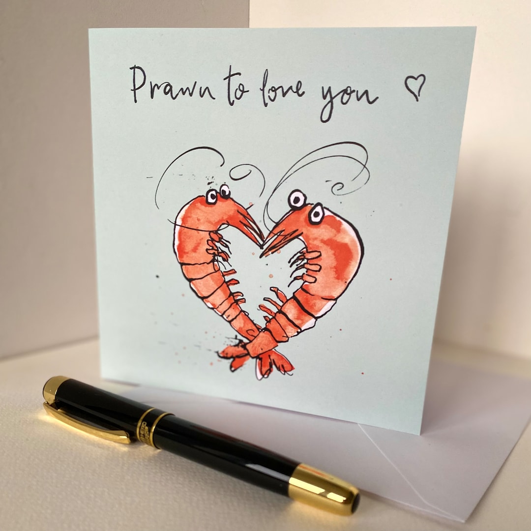 Prawn Card ‘prawn to Love You’ Watercolour Illustration of Pink Shrimps ...