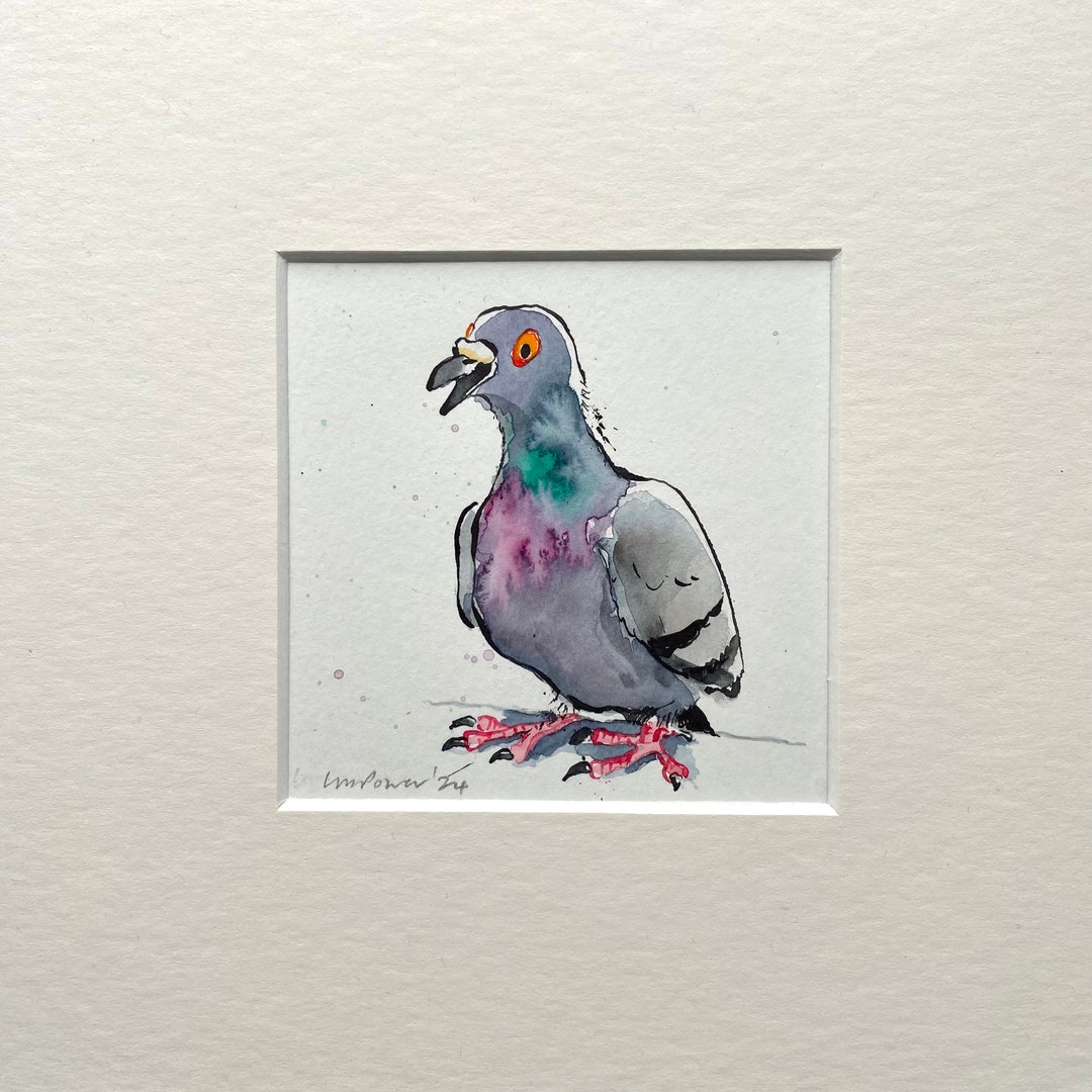 Goofy Pigeon laughing Watercolour Painting Original Pen & Ink Drawing ...
