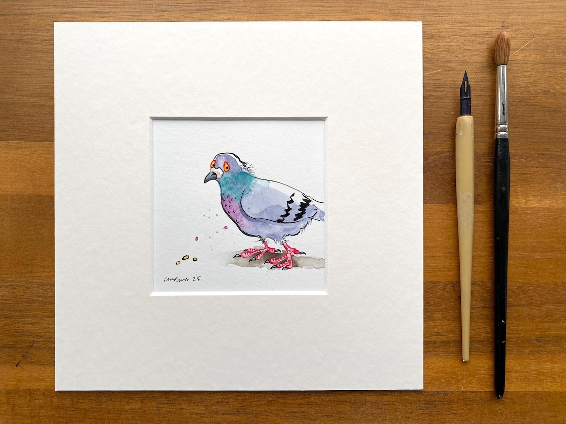 Goofy Pigeon ‘concerned’ Watercolour Painting - Original Pen & Ink ...
