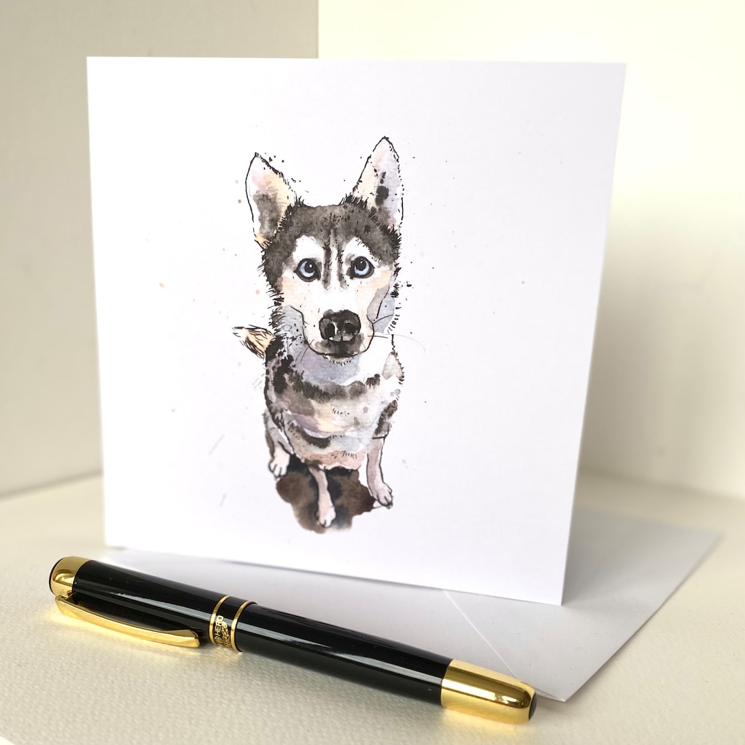 Grey and White Husky Greetings Card - Whimsical Ink and Watercolour ...