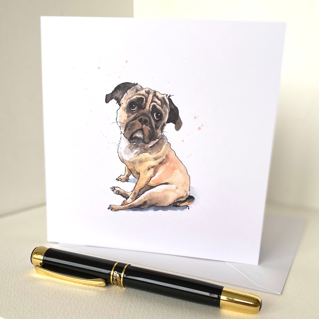 Fawn Pug Art Greetings Card From an Ink and Watercolour Painting of a ...