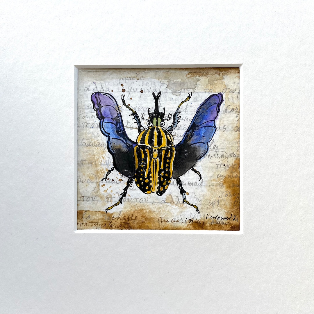 Scarab Beetle Painting Art, Ink Funny Cartoon Drawing 4” in 8" Sq Mat ...
