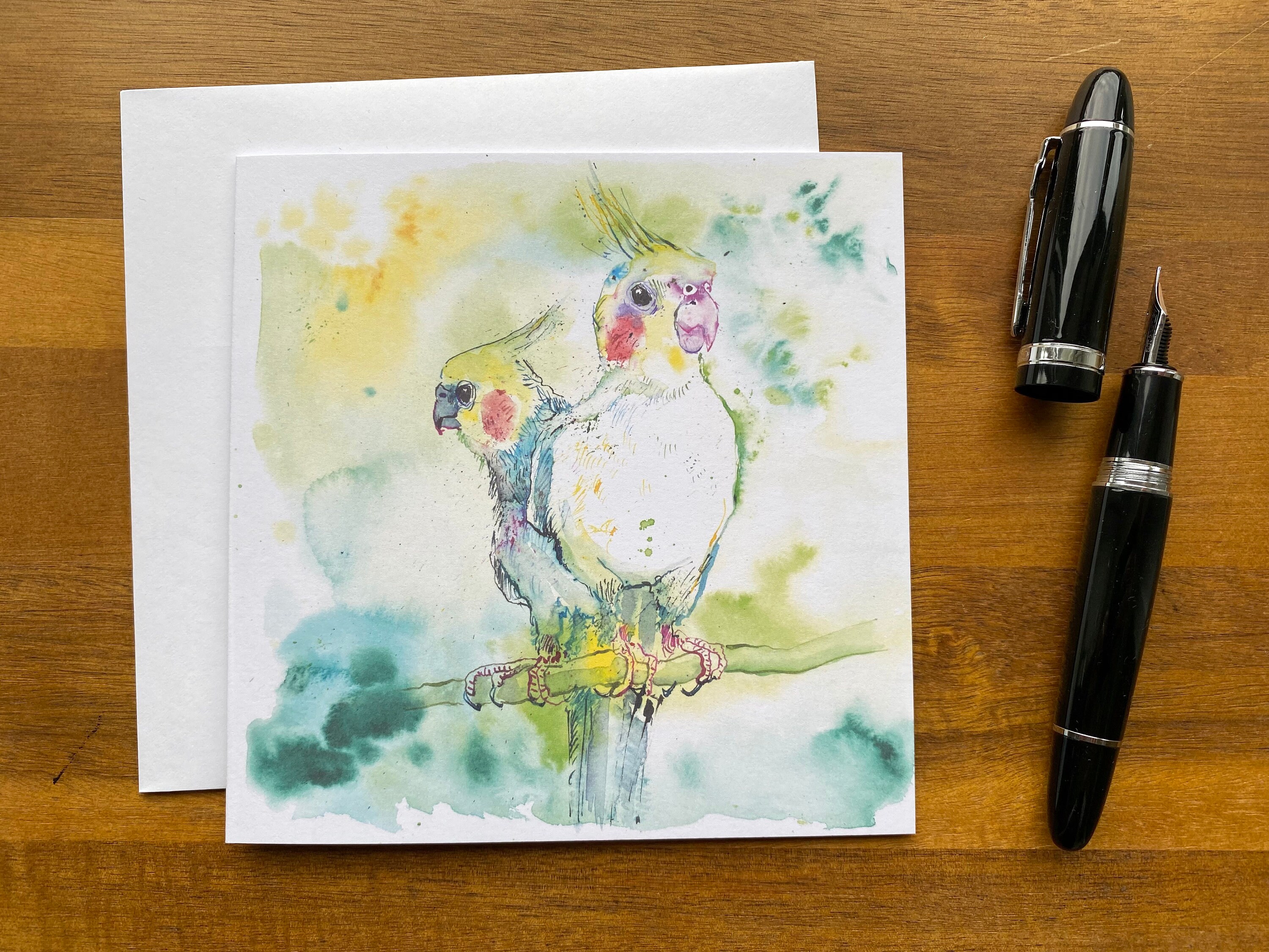 Cockatiels Art Greetings Card - From an Original Ink & Watercolour ...