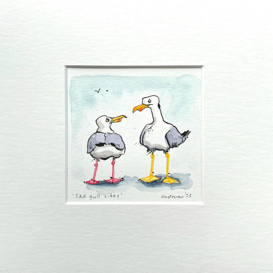 Seagull Painting ‘sad Gulls Vibes’ Original Seagull Drawing Watercolour ...