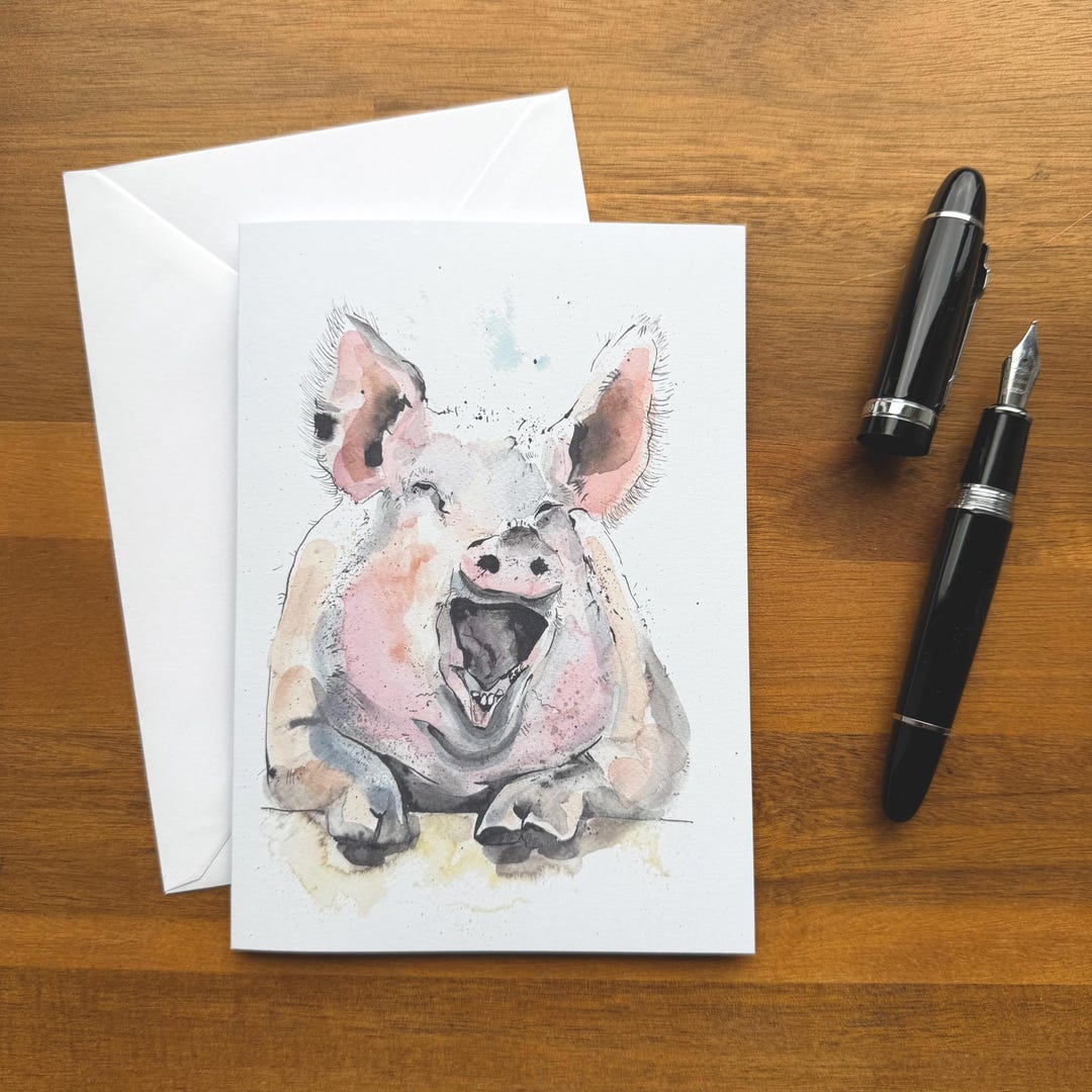 Jolly Pig Card, Laughing Pig Watercolour Art Card – Birthday/thank You ...