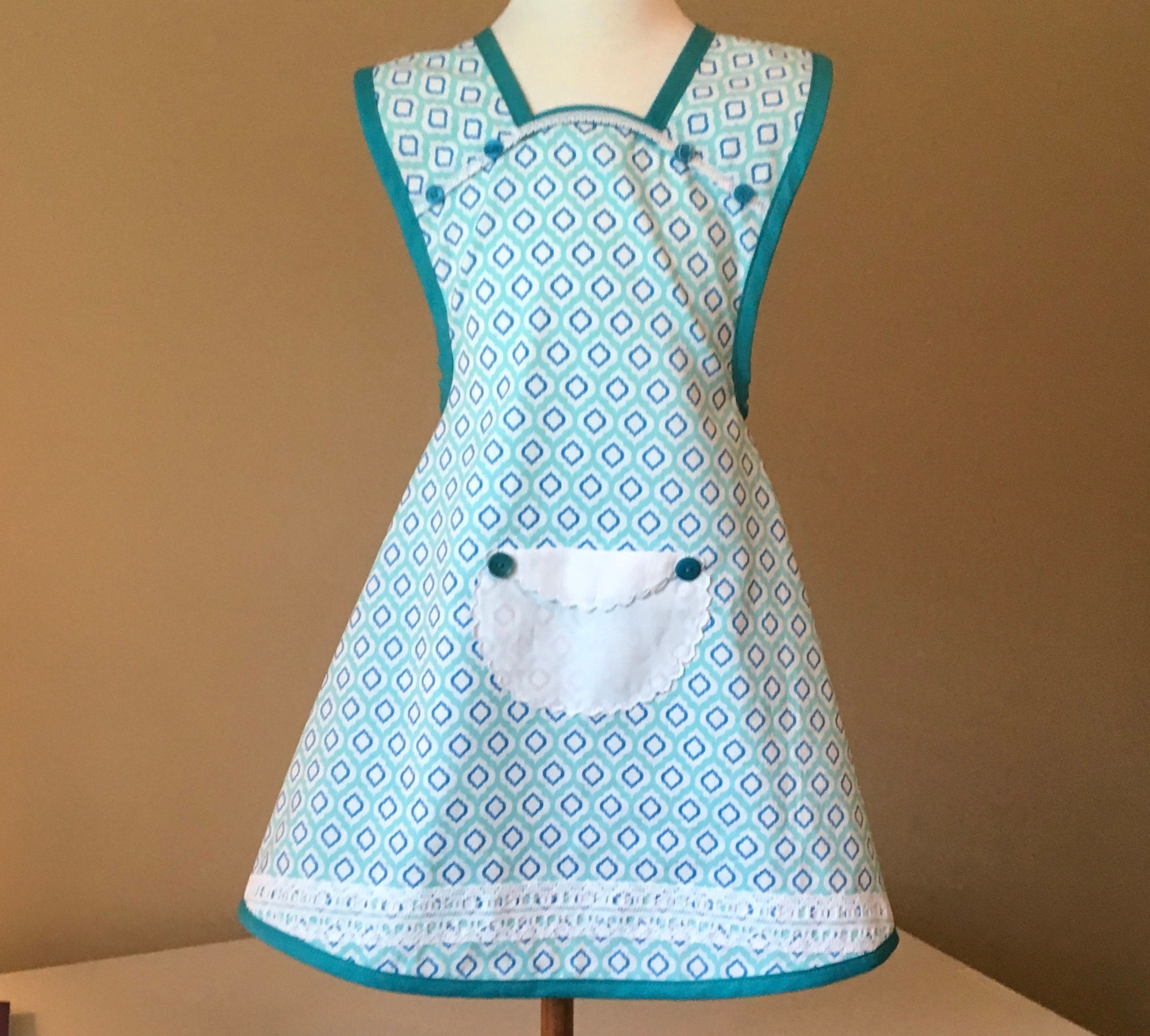Girl's Turquoise Geometric Print Apron / Apron for Girls Size 7-8