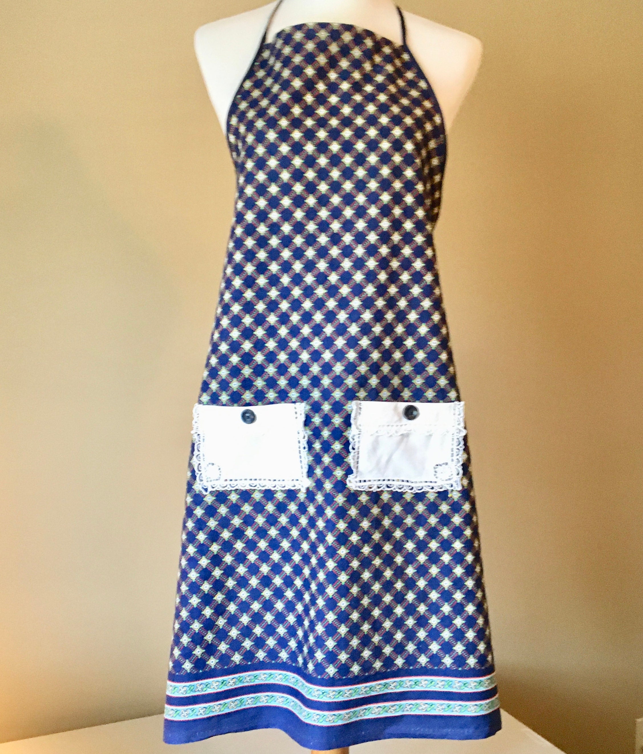 Blue Geometric Print Apron from Vintage Flour Sack / Flour Sack Apron ...