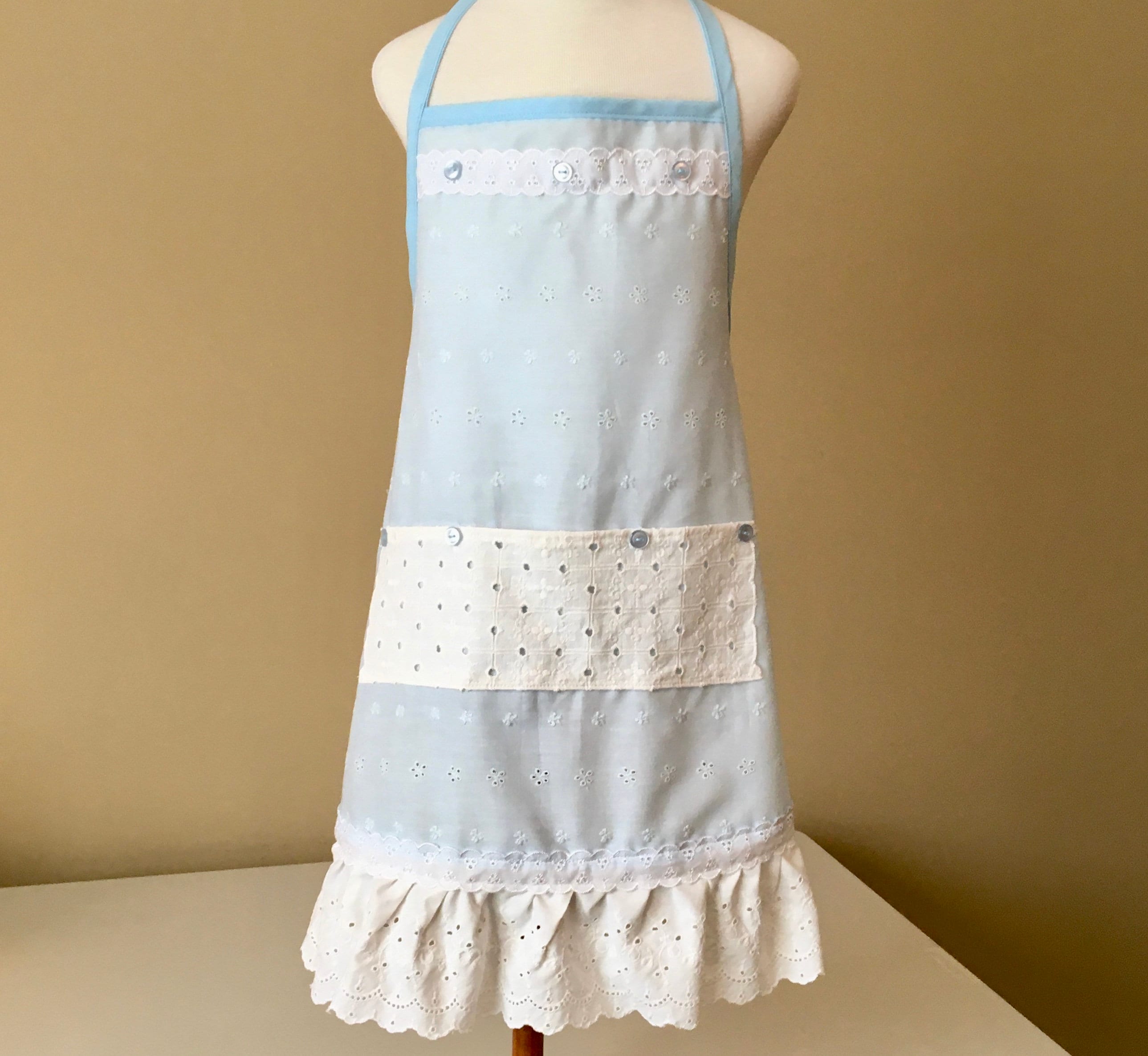 Blue And White Eyelet Fabric and Lace Apron / Apron for Girls Size 5-7